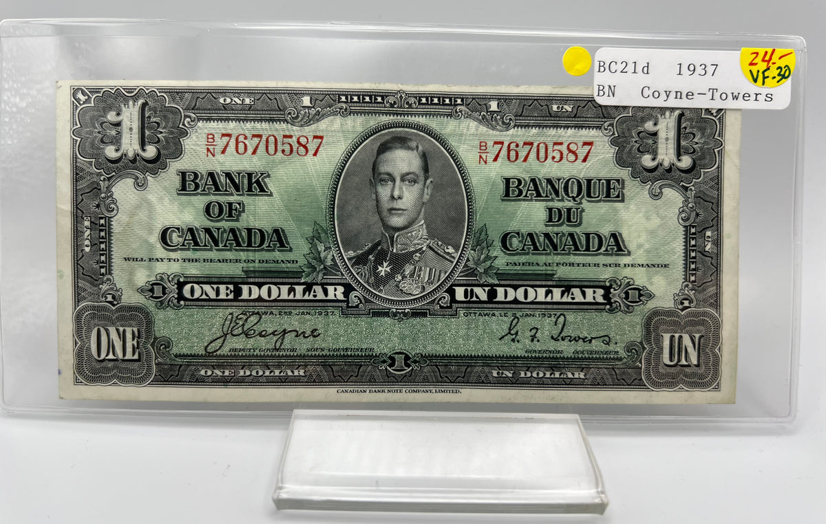 1937 Bank of canada BC-21d One Dollars VF-30 Coyne Towers, Serial-BN 7 – Trade your coins
