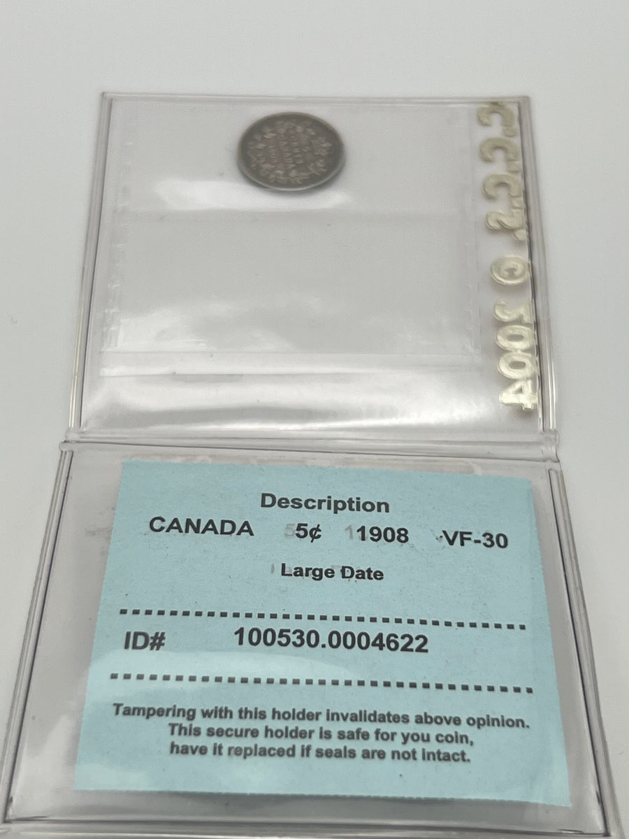 CANADA SILVER FIVE CENT 1908 CCCS VF-30-Large Date – Trade your coins